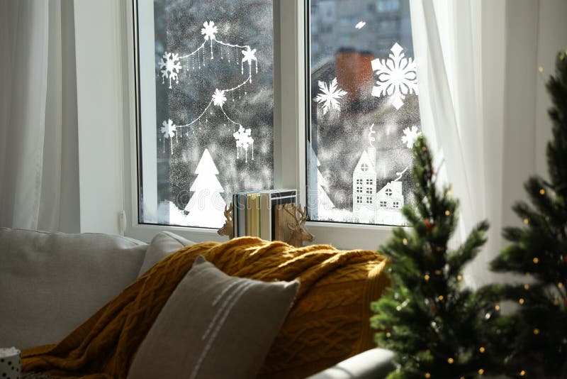 Beautiful Drawing Made of Artificial Snow on Window at Home. Christmas ...