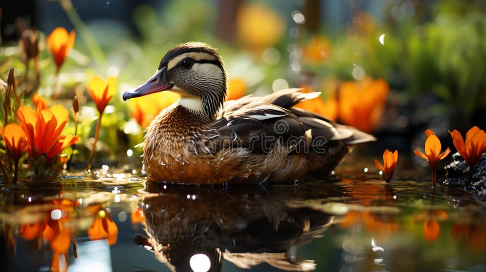A Beautiful Duck Quacks in the Pond Stock Illustration - Illustration ...
