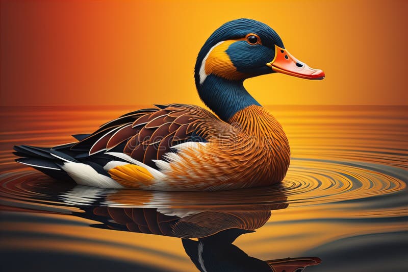 Beautiful Duck Swimming on the Water with Orange Background, Generative ...