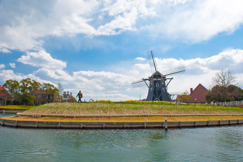 Beautiful Dutch Windmill Typical Landscape in Ja Stock Photo - Image of ...