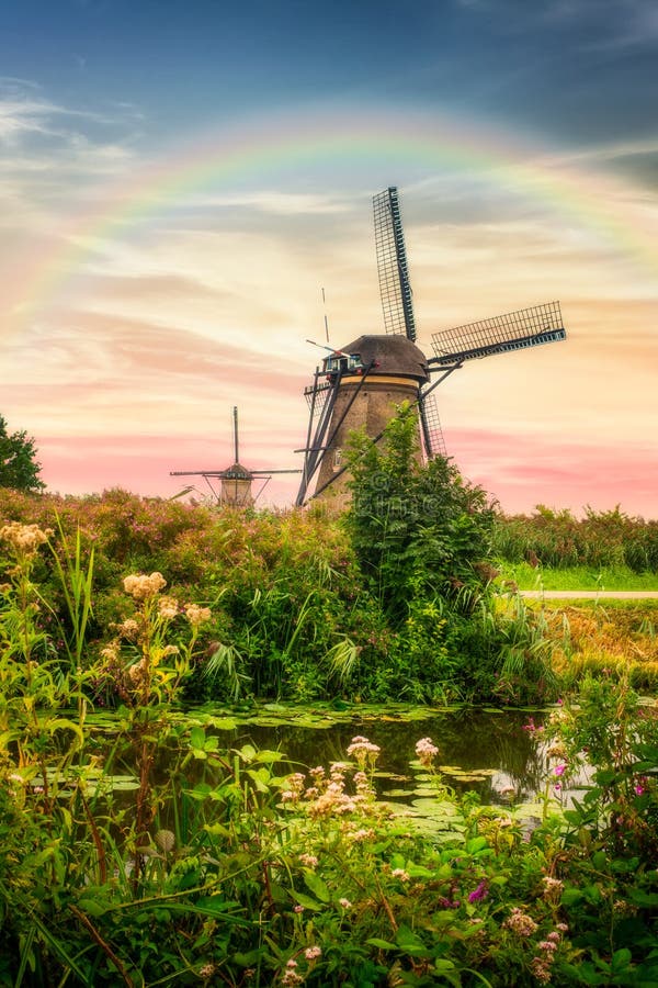 Beautiful Dutch Windmills and Landscape Stock Photo - Image of ...