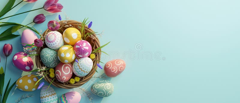 Beautiful Easter Backdrop with Colorful Easter Eggs on a Blue ...