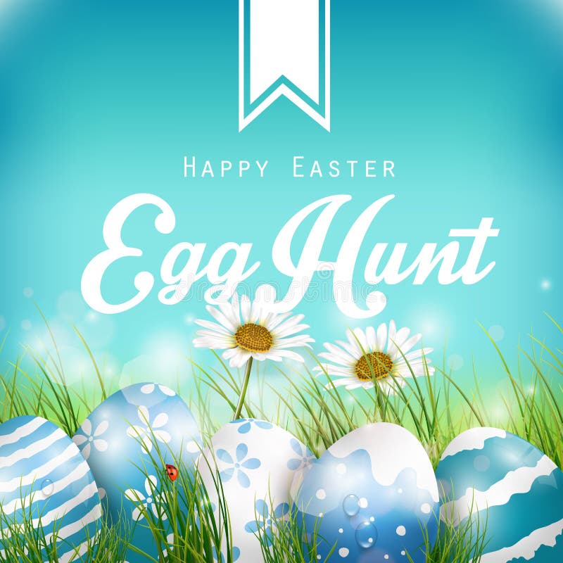 Beautiful Easter Blue Background with Flowers and Colored Eggs in the ...