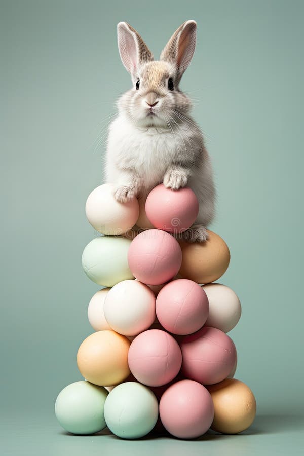 A Beautiful Easter Bunny on a Mountain of Colored Eggs Stock ...