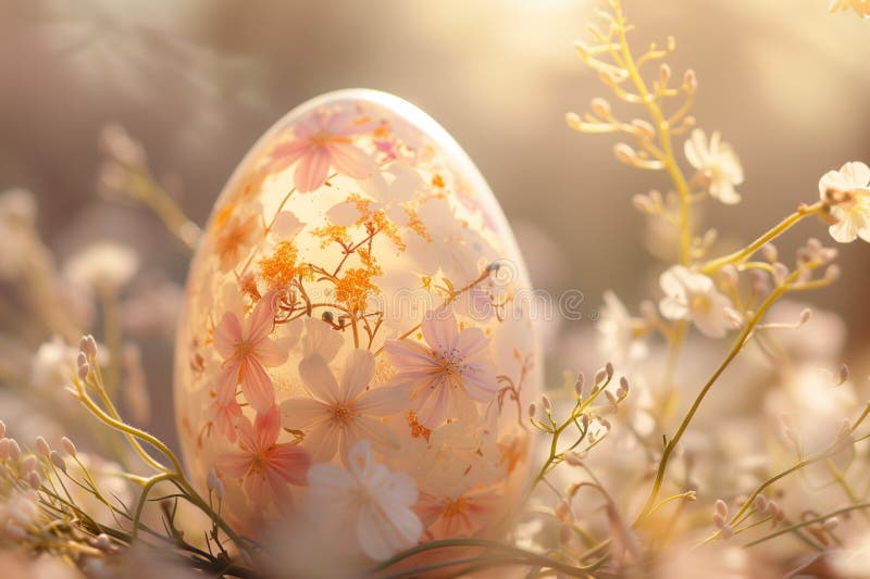 Beautiful Easter Egg in Sunlight, Decorated with Spring Flowers. Stock ...