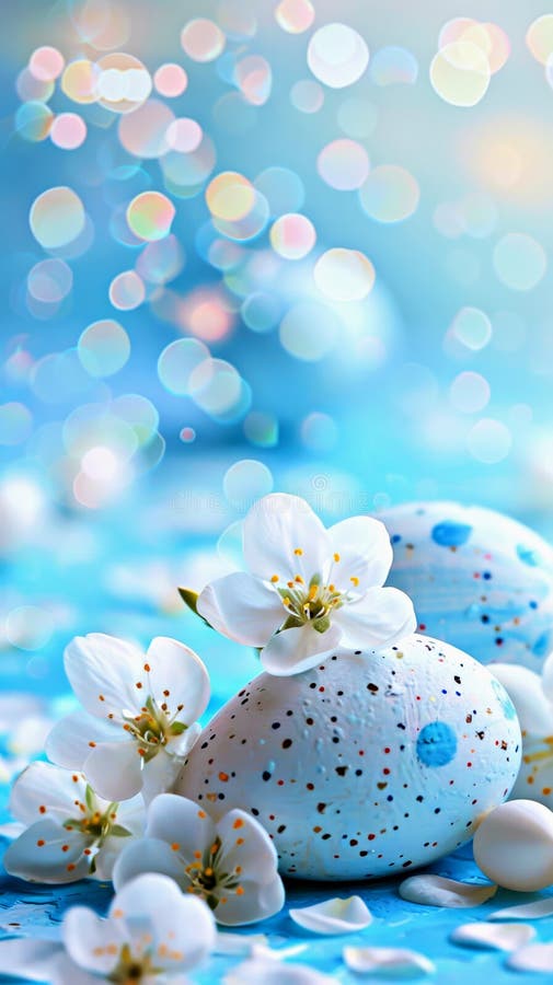 Beautiful Easter Eggs with Blossoms on Dreamy Light Blue Background ...