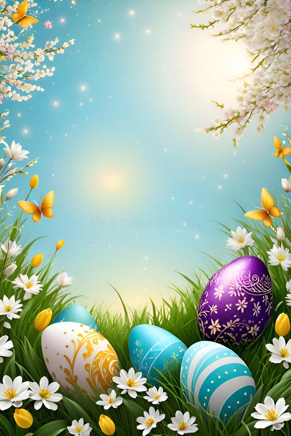 Beautiful Easter Eve Background Design, Easter Eggs, Flowers, Blue Sky ...