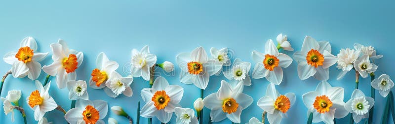 Panoramic Easter Greetings: Blooming Daffodils on Turquoise Table ...