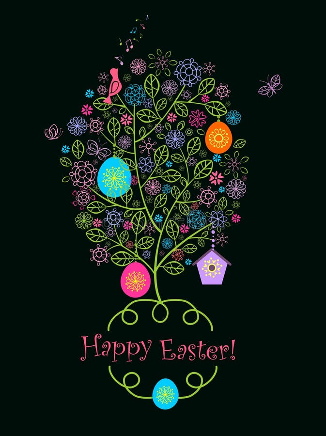 Beautiful Easter Greeting Card with Blossoming Tree Stock Vector ...