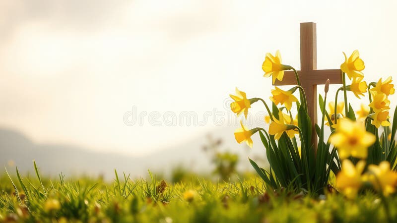 Beautiful Easter Spring Border with Flowers and Cross Stock ...