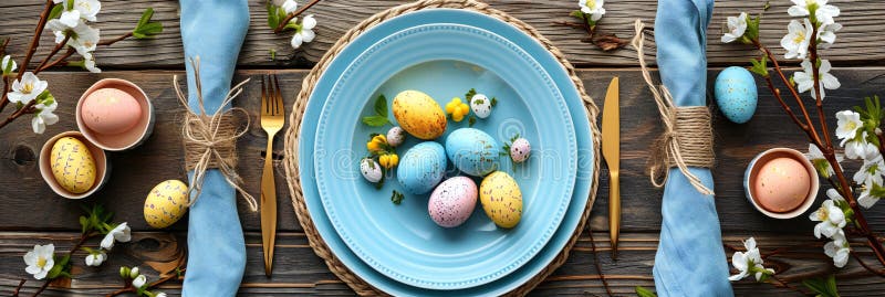 Beautiful Easter Table Setting with Blue Plates, Panoramic, Top View ...