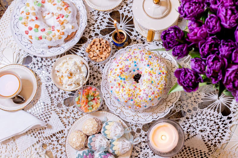 Beautiful Easter Table Setting with Festive Decor Indoors, Above View ...
