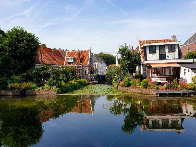 Beautiful Edam Houses with Reflection on the River. Stock Image - Image ...