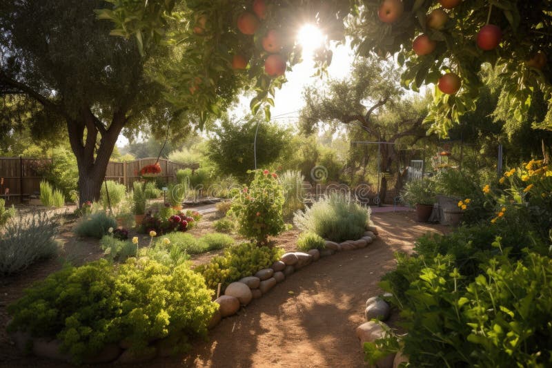 Beautiful Edible Landscape with Thriving Garden and Fruit Trees Stock ...