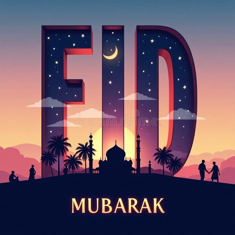 Beautiful Eid Celebration Design with Mosque Silhouette Stock ...