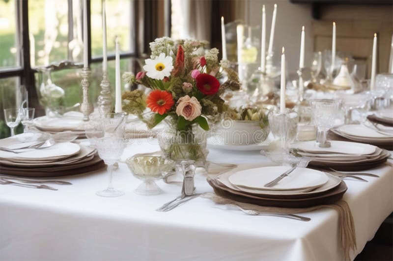 Luxurious Elegant Table Setting with White Dishes and Flowers. Dining ...