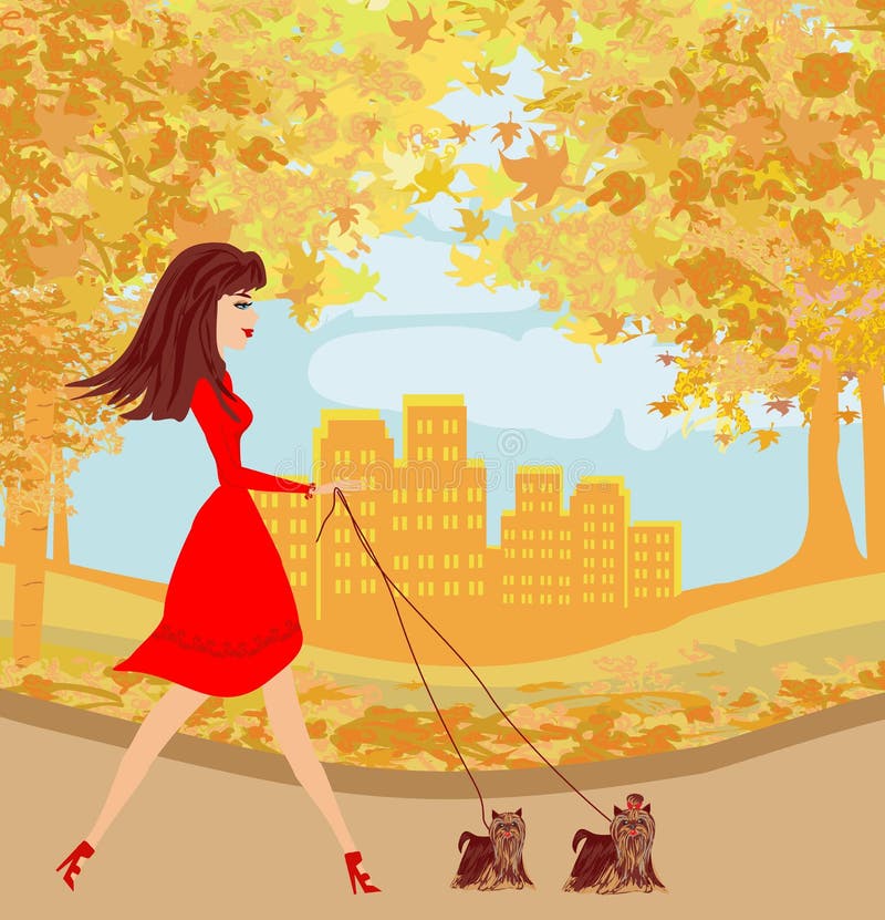 Beautiful Elegant Girl Walking the Dogs Stock Vector - Illustration of ...