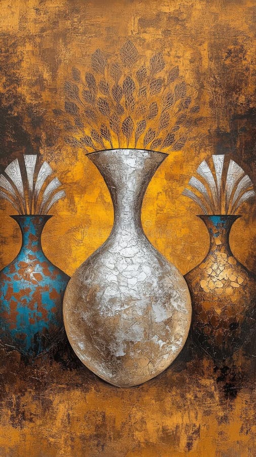 Beautiful and Elegant Golden and Silver Vases Artwork with a Richly ...