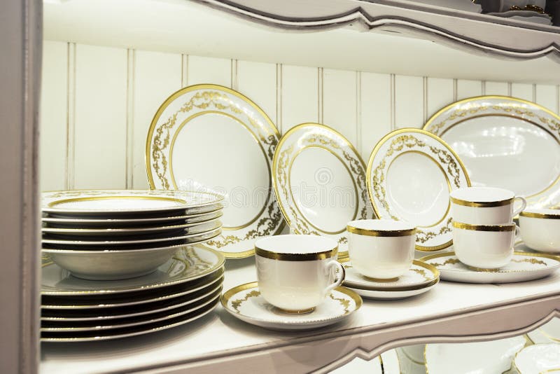 Beautiful Elegant White Tableware Set with Golden Pattern Stock Image ...