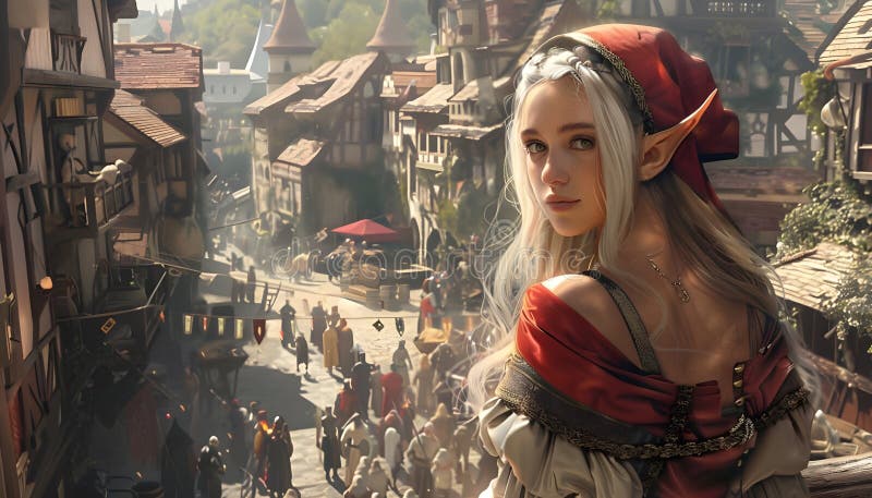Beautiful Elf in Medieval Town Stock Illustration - Illustration of ...