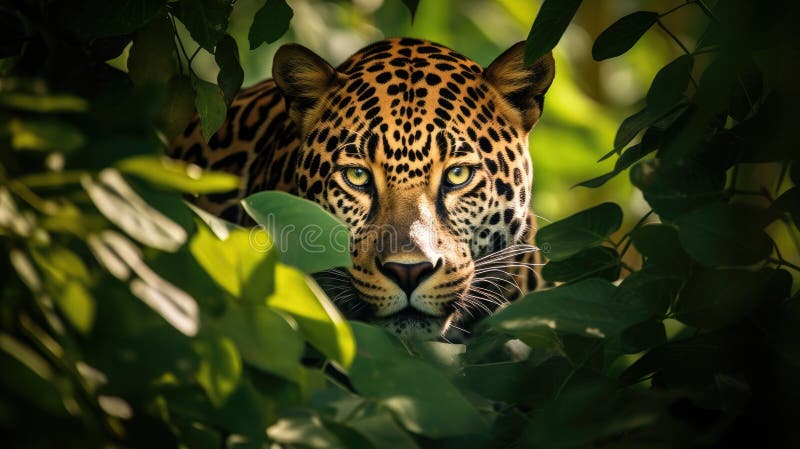 A Beautiful and Elusive Jaguar Peers Out from Behind a Tree Stock Photo ...