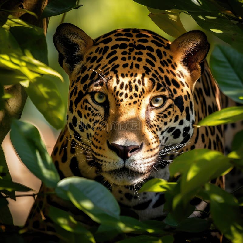 A Beautiful and Elusive Jaguar Peers Out from Behind a Tree Stock Image ...