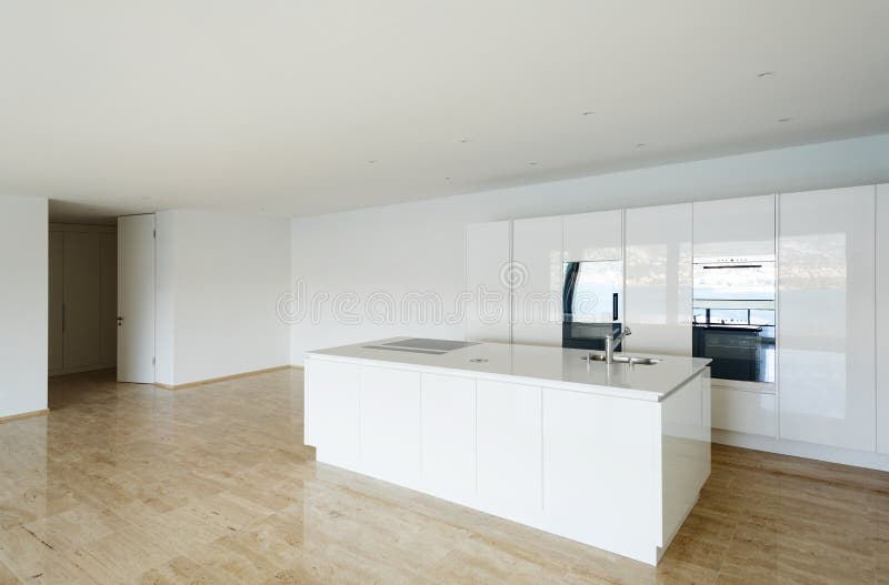 Beautiful Empty Apartment, White Kitchen Stock Image - Image of view ...