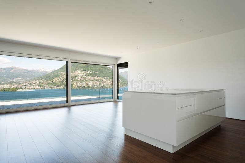 Beautiful Empty Apartment, White Kitchen Stock Image - Image of view ...