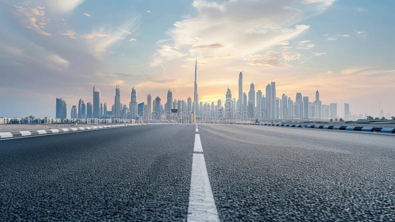 Beautiful Empty Highway with City Skyline. Generate AI Image Stock Illustration - Illustration ...