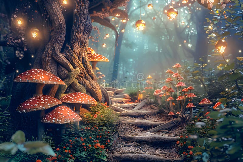Beautiful Enchanted Forest with a Path and Mushrooms Stock Photo ...