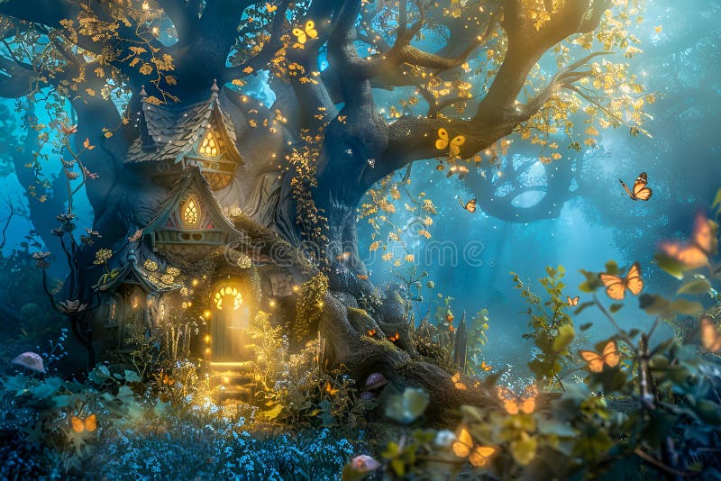 Beautiful Enchanted Forest with a Tree House Stock Image - Image of ...