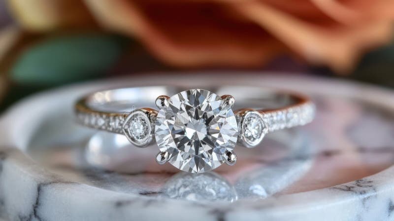 Stunning Engagement Ring with Sparkling Diamond Displayed on Marble ...