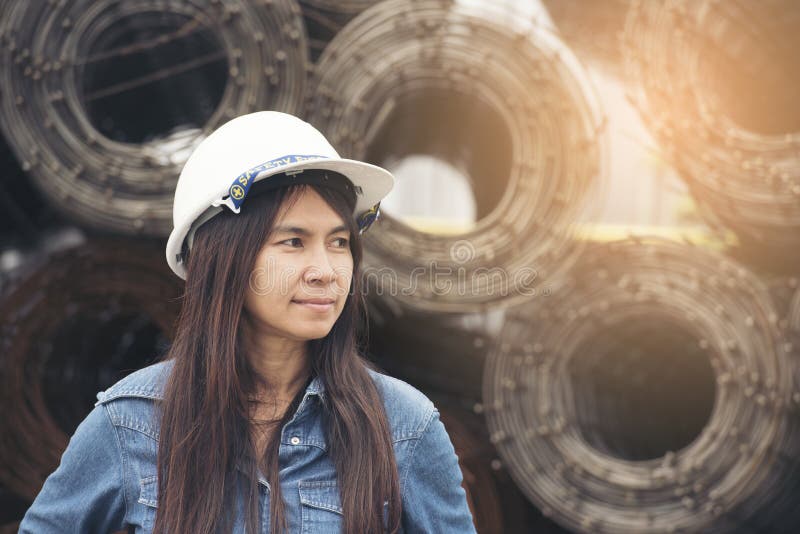 Beautiful Engineer Wear White Helmet for Security Work. Construction ...