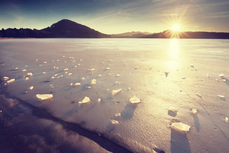 Beautiful Epic Ice Crystal in the Frozen Bay. Sun Rays Reflection Stock ...