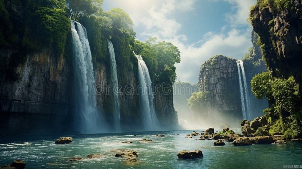 Beautiful epic waterfall stock illustration. Illustration of park ...
