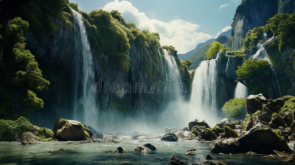Beautiful epic waterfall stock illustration. Illustration of waterfall ...