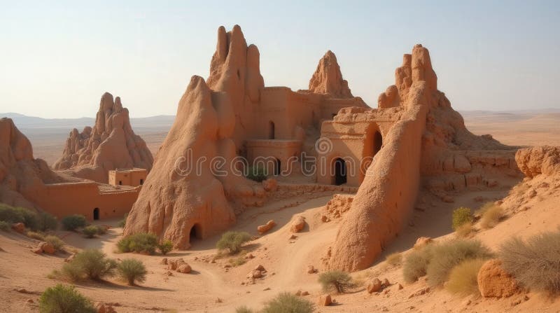 Beautiful Eroded Adobe Castle in the Desert Stock Illustration ...