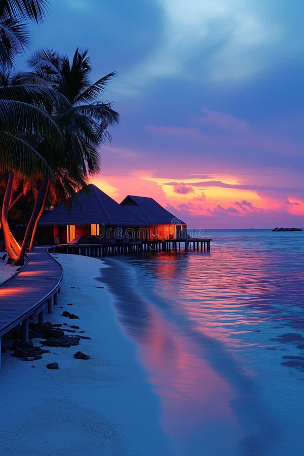 Beautiful Evening Seaside Accommodation Stock Illustration - Illustration of reflection ...