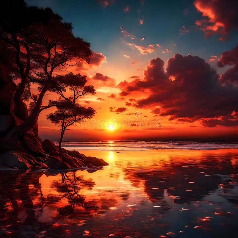 Beautiful Evening Sunset - Ai Generated Image Stock Illustration ...