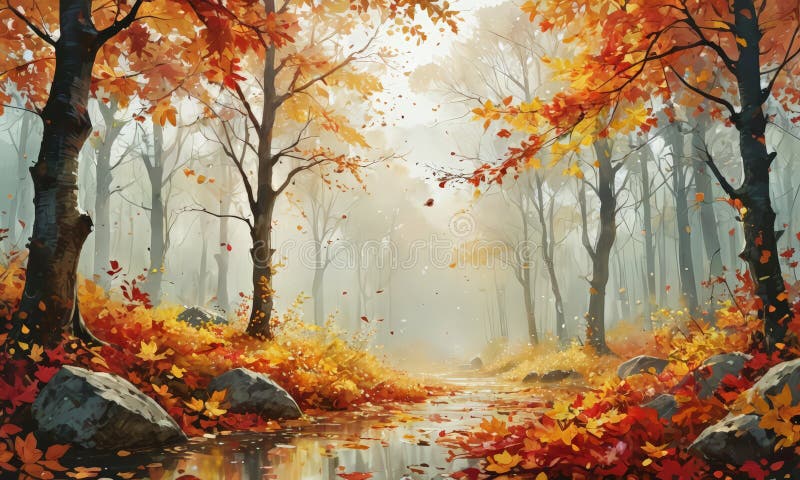 Beautiful Autumn Forest with Stream and Trees Stock Illustration ...