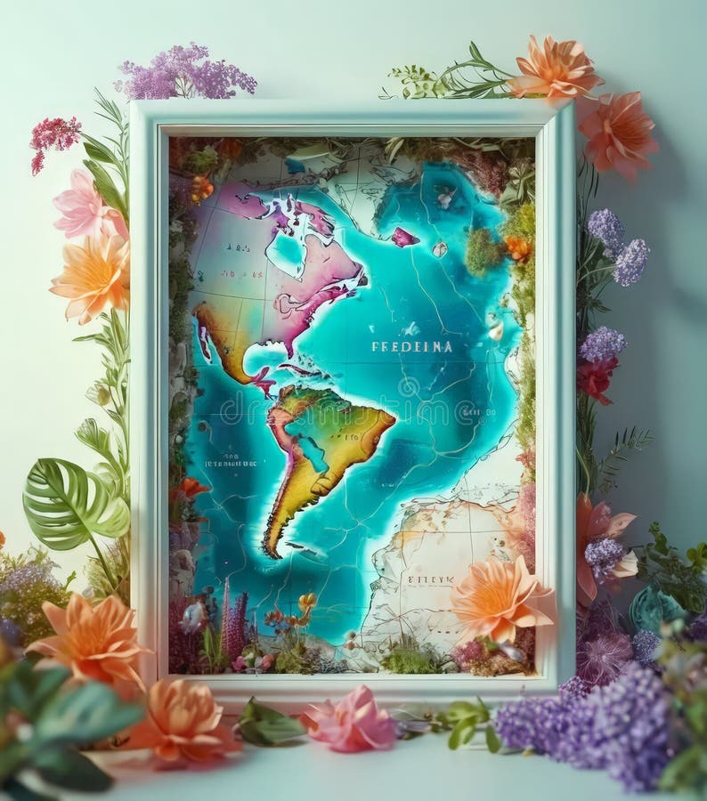 Framed Map the World with Flowers and Plants Around it Stock ...