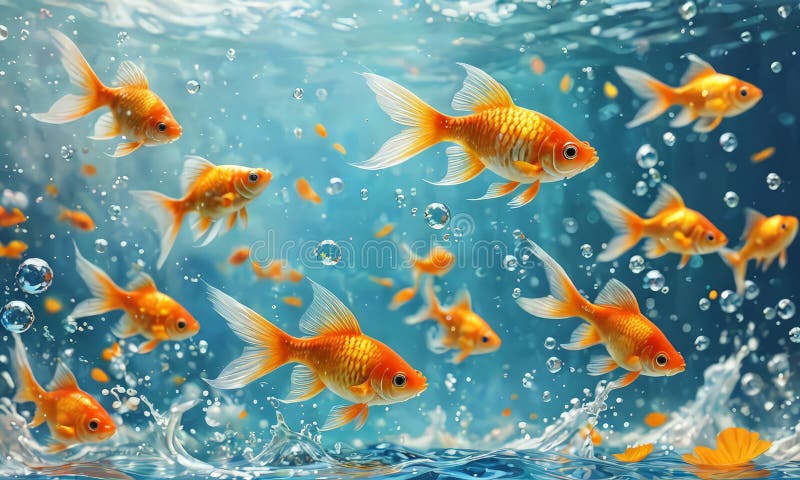 Group Goldfish Swimming in Blue Ocean Stock Illustration - Illustration ...
