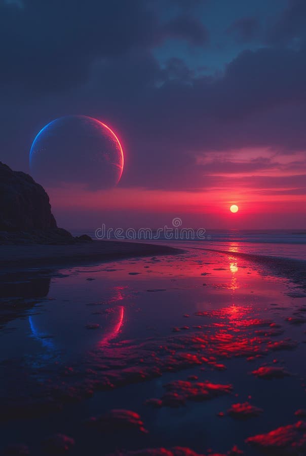 A Beautiful Exoplanet Seen from the Surface of One of Its Moons Stock ...