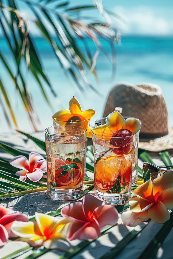 Beautiful Exotic Cocktails on the Beach. Selective Focus Stock Photo ...