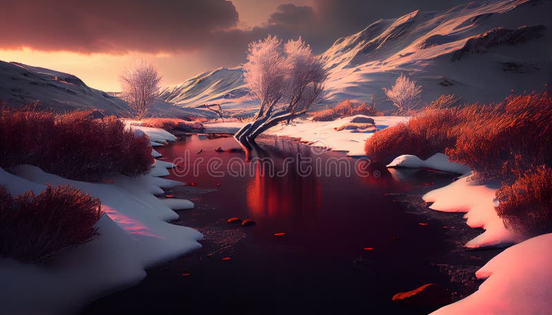 Beautiful Extraterrestrial Snowy Glacial Landscape Red Tree. AI ...