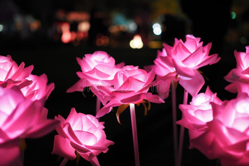 Fabric Pink Rose Flowers with Abstract Background at Night. Artificial ...