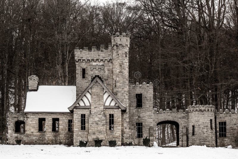 Beautiful Facade of an Old Castle in the Snow-covered Forest Stock ...