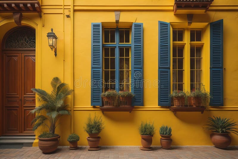 Beautiful Facade of a Yellow Building with Blue Shutters and Windows ...
