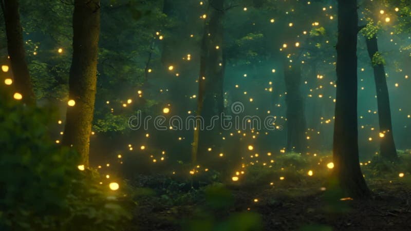 Beautiful Fairy-tale Dense Forest with Burning Fireflies in Background ...