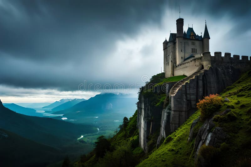 Beautiful Fairytale Castle on Mountain Surrounded by Cloud. Generative ...